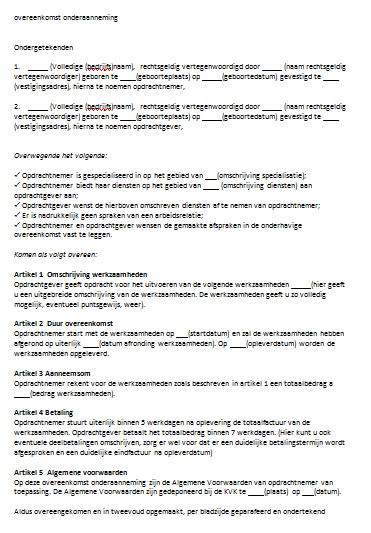 Overeenkomst Onderaanneming