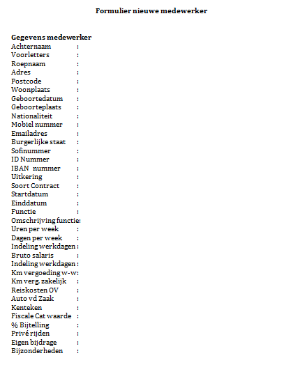 Formulier Nieuwe Medewerker