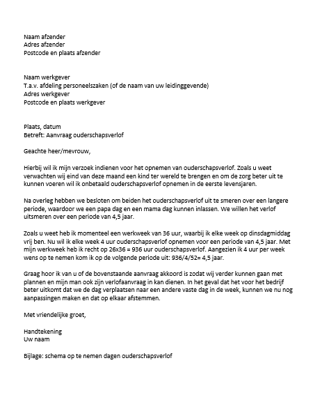 Ouderschapsverlof voorbeeld brief